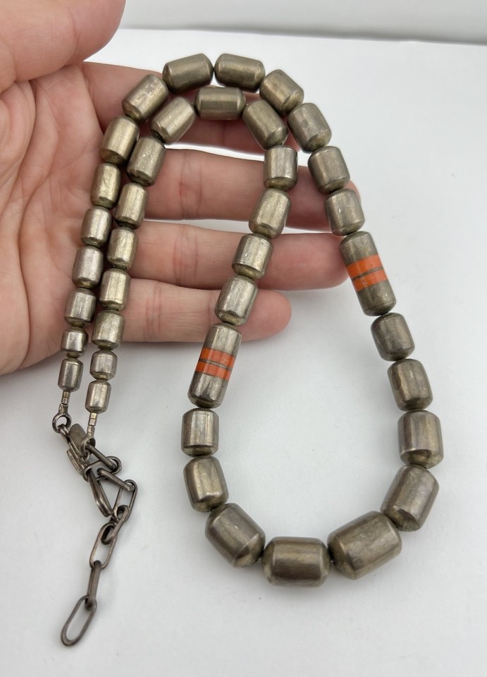 Vtg Navajo Sterling Silver Pearl Barrel Bench Bead & Coral Necklace 26"- 92.8g | eBay