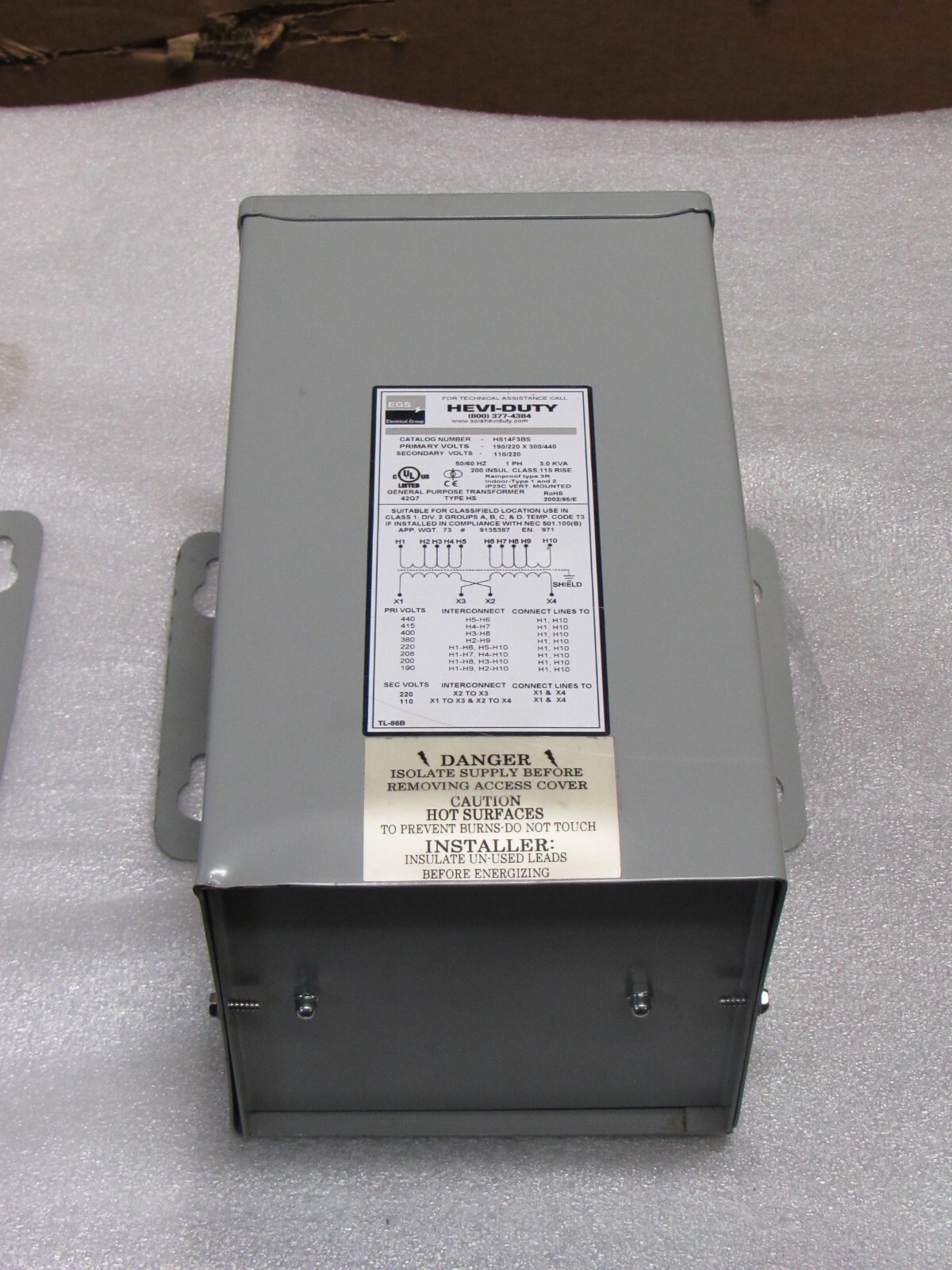 EGS HEVI-DUTY TRANSFORMER HS14F3BS 3KVA 1PH 190/220X380/440V PRI 110 ...