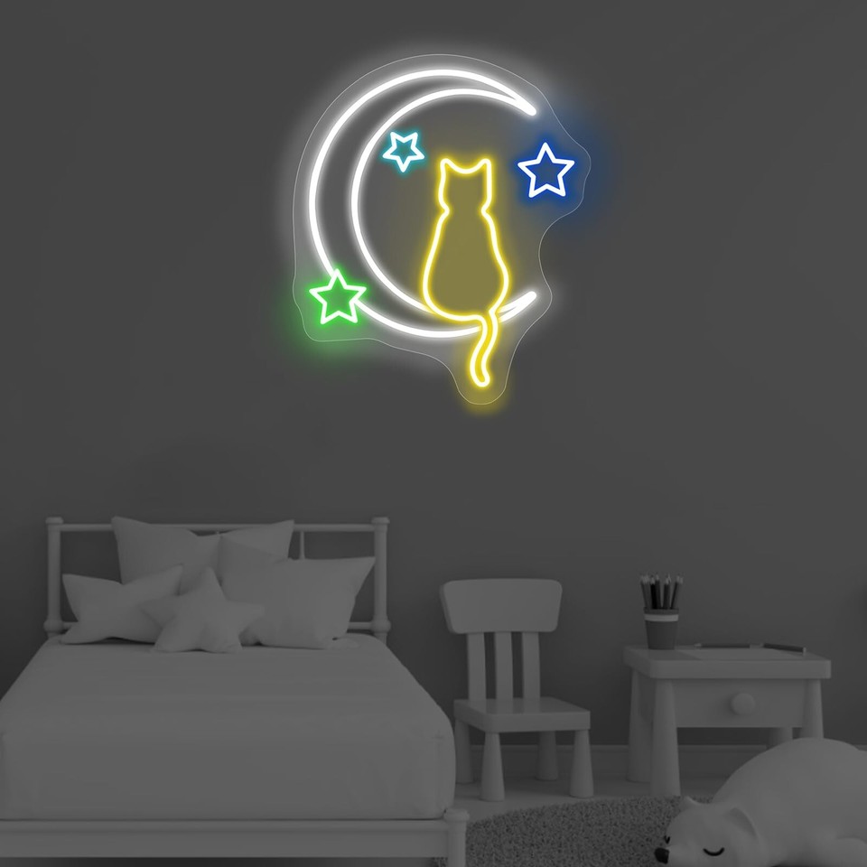 Moon Cat Neon Signs for Wall Decor LED Light Sign for Preppy Room Decor ...