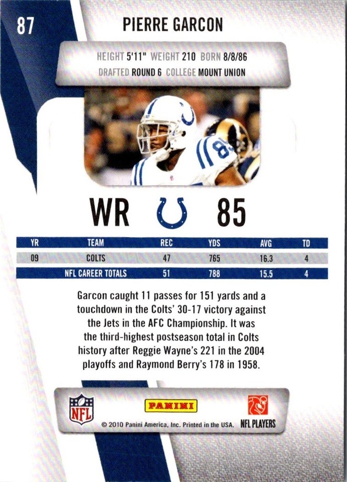 2010 Panini Prestige Pierre Garcon #87 Indianapolis Colts Football Card ...