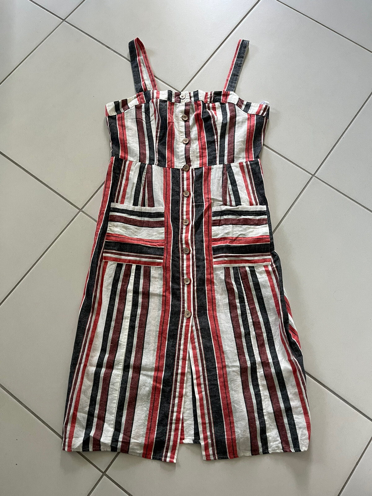 Primark size 14 White, Red & Black Striped Sleeveless Linen Blend Dress ...