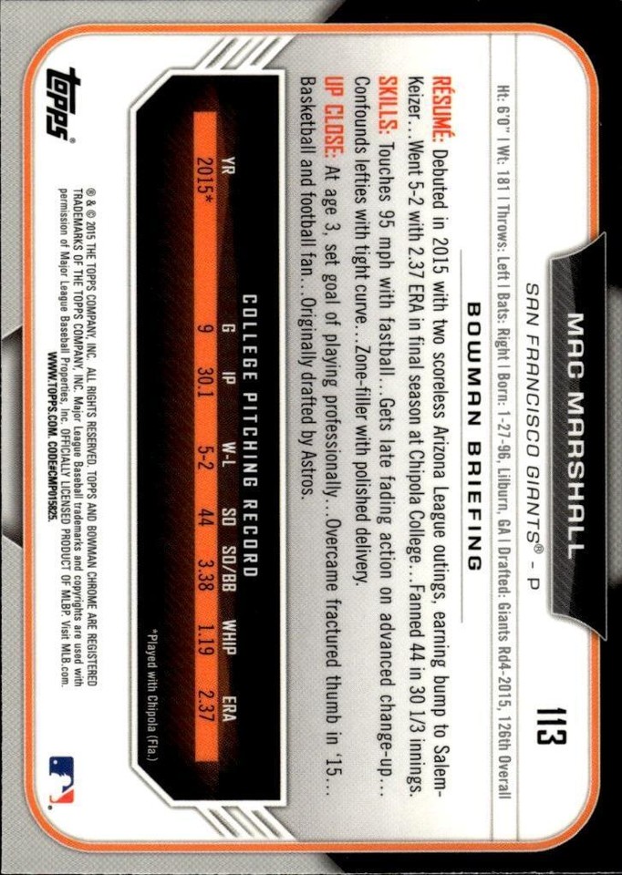 MAC MARSHALL CARD #113 BUY ANY 2 ITEMS FOR 50% OFF B200R1S25P1 | eBay