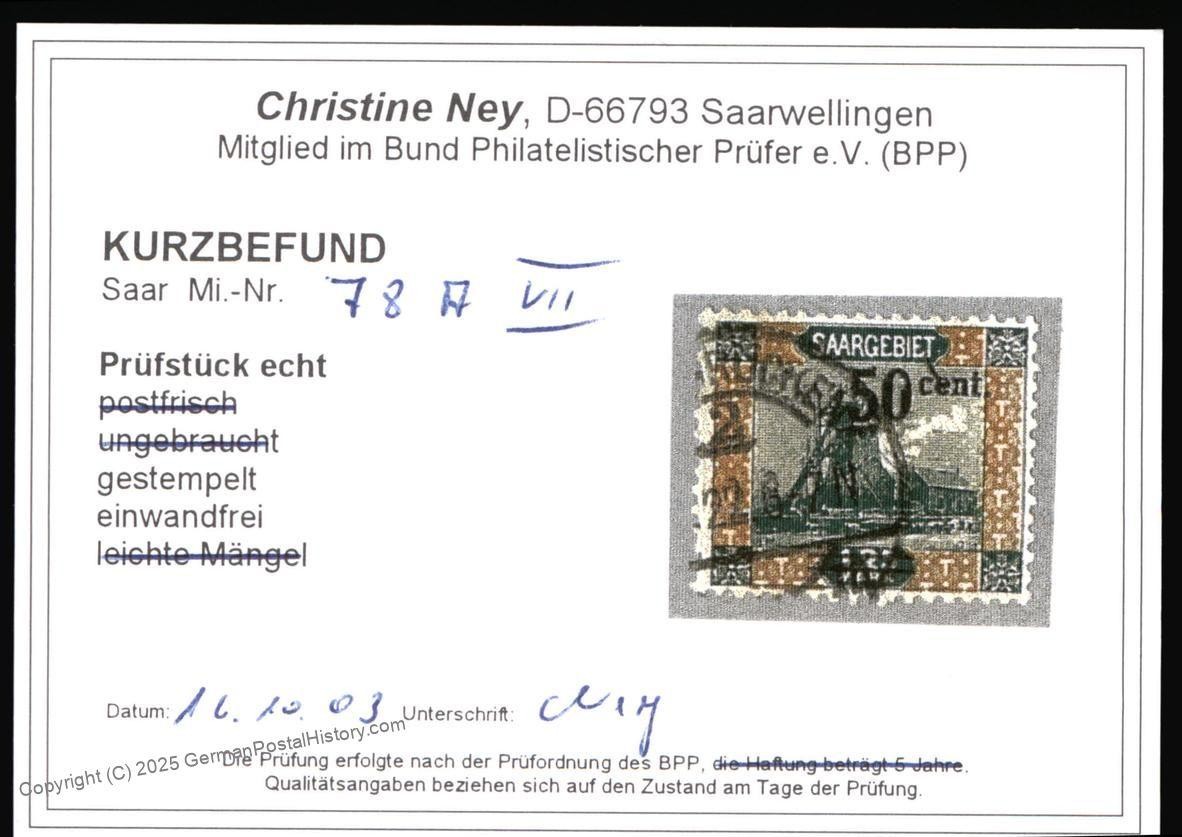 Germany 1921 Saar Saargebiet Mi78A PFVIII Used Ney BPP Photo Cert ...