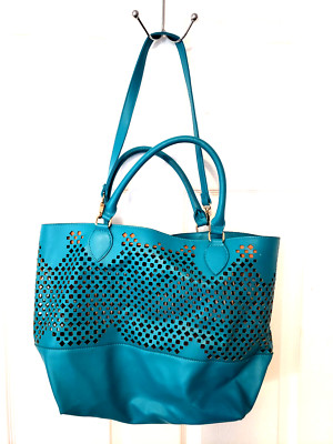 JustFab Large Tote Bag Teal Turquoise Double Handles Faux Leather PVC ...