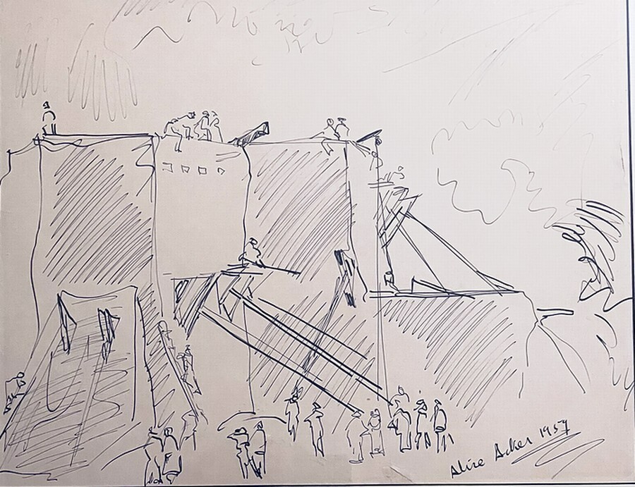 Alice Acker Original Signed 1957 Ink Drawing of a Taos Indian Pueblo ...