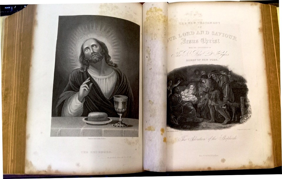 LARGE FULL LEATHER FAMILY CATHOLIC DOUAY VULGATE BIBLE; CA 1870, BRITE ...