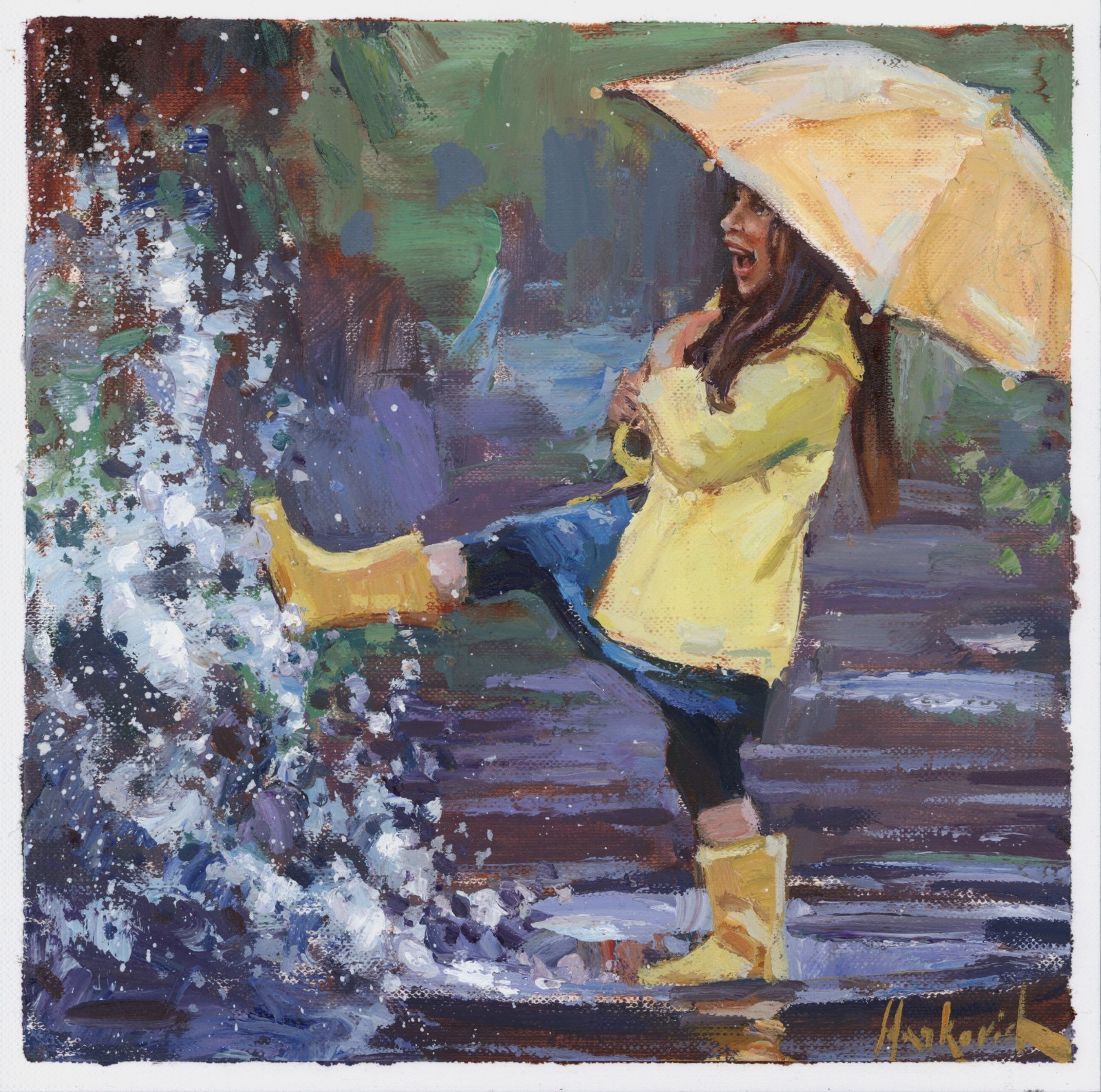 original painting 20 x 20 cm 5MrO artwork oil paints girl under an ...