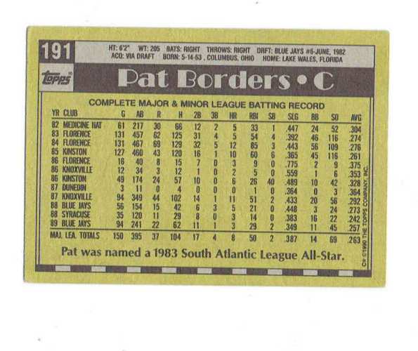 Pat Borders Catcher Blue Jays #191 Topps 1990 Baseball Card | eBay