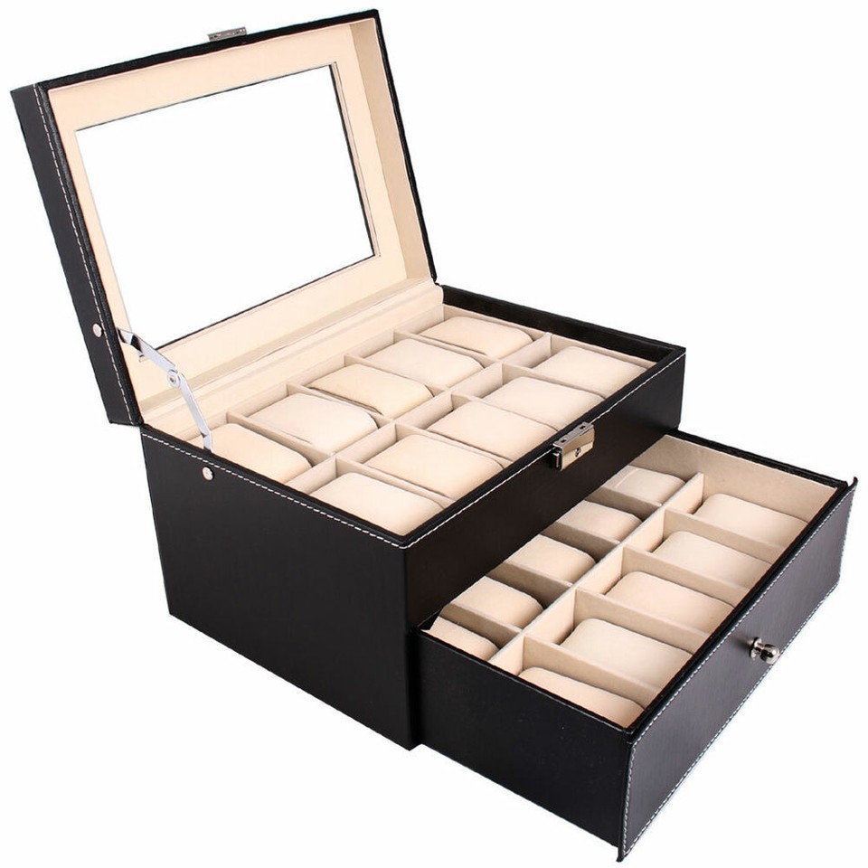 2 Tier 20 Slot Watch Box Leather Display Case Organizer Jewelry Storage ...