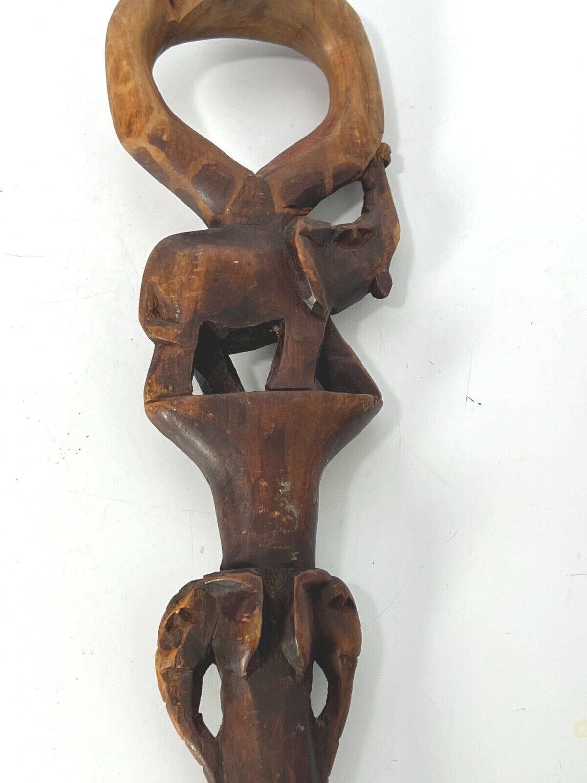 African Wooden Walking Stick Hand Carved With Elephant - Gem