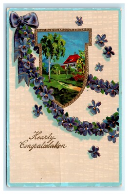 POSTCARD Hearty Congratulations Purple Flowers Shield Countryside House ...