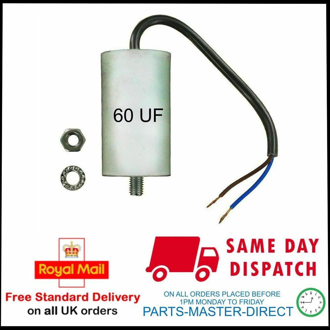 UNIVERSAL START CAPACITOR mfd 60uf 450VAC WITH 22cm OF CABLE CONNECTOR ...