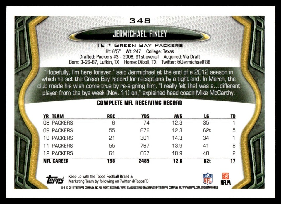 2013 Topps Jermichael Finley Green Bay Packers #348 | eBay