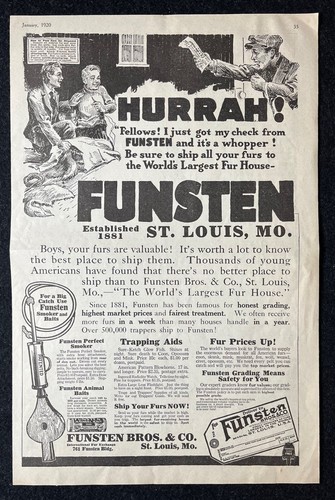 1920 FUNSTEN FUR CO. Large Genuine ANTIQUE Print Ad 10" x 16" For Boys ...