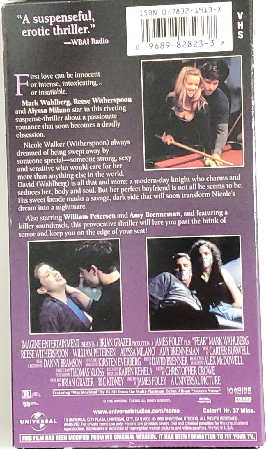 Fear VHS Video Tape Mark Wahlberg Reese Witherspoon Horror Movie Ships ...