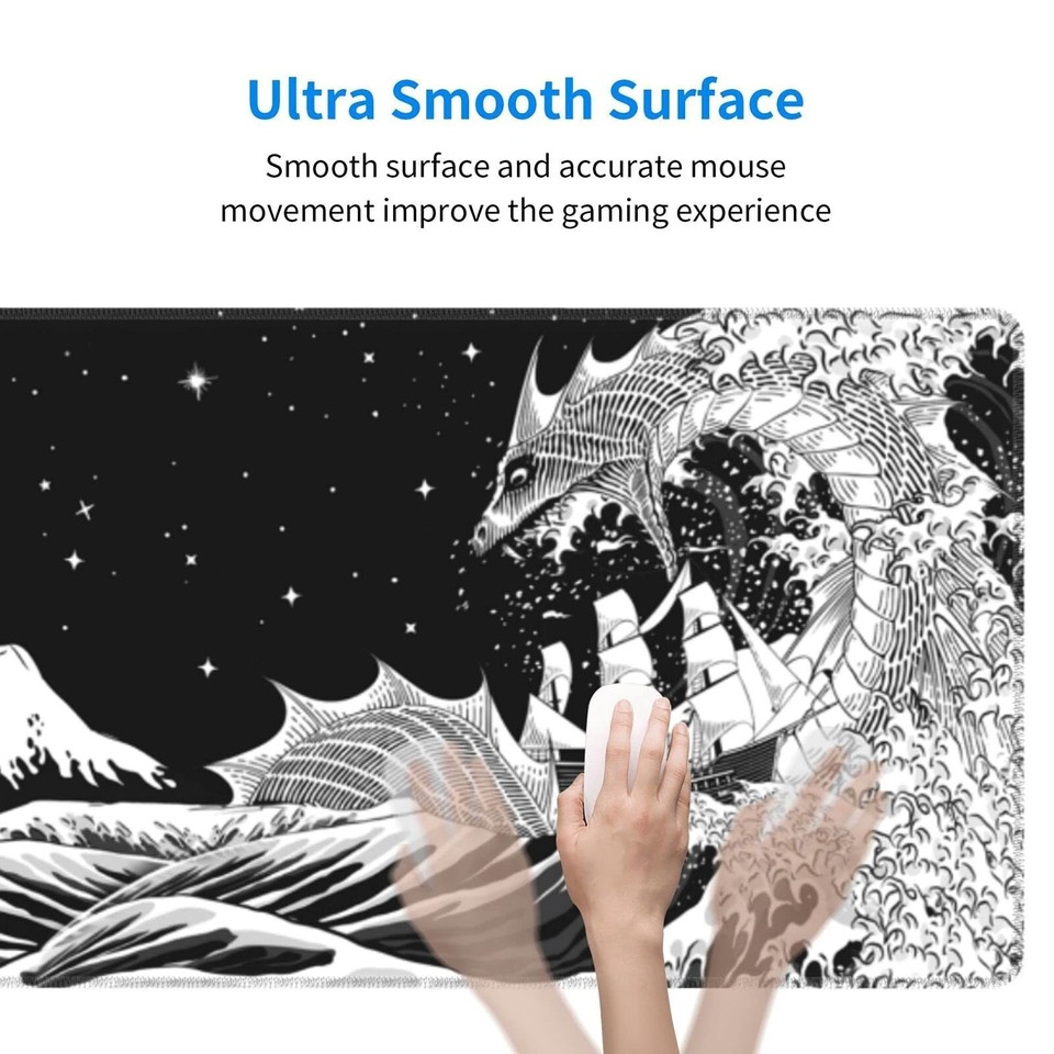 Black and White Japanese Waves Sea Dragon Gaming Mouse Pad XL, Extended ...