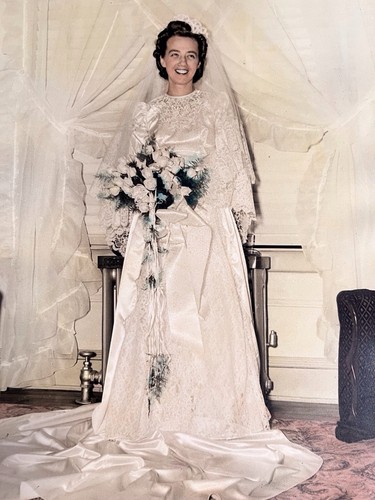 Vintage 1948 Wedding Dress & Vail Ivory Satin, Long Train, Fabric ...