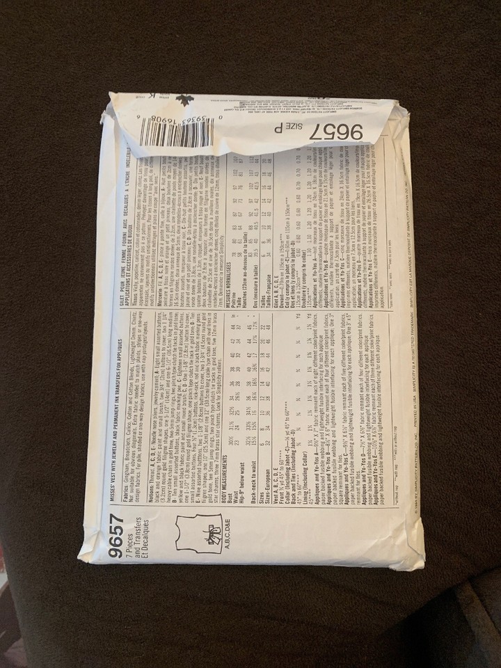 Simplicity Pattern Crafts 9657 UNCUT Size 12 14 16 Vest. UNCUT | eBay