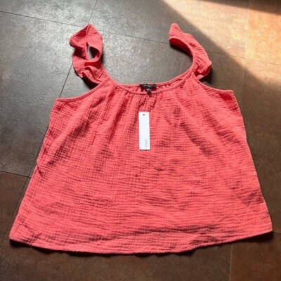 NWOT $134 Drew M/L Coral Gauze Cotton Ruffle strap Spring Summer Preppy ...