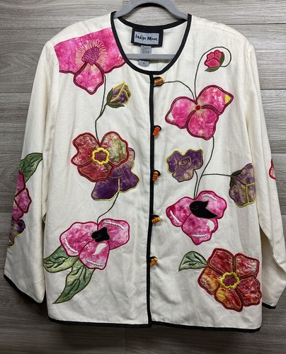 NEW Indigo Moon Jacket Womens 1X White Spring Floral Embroidered Button ...
