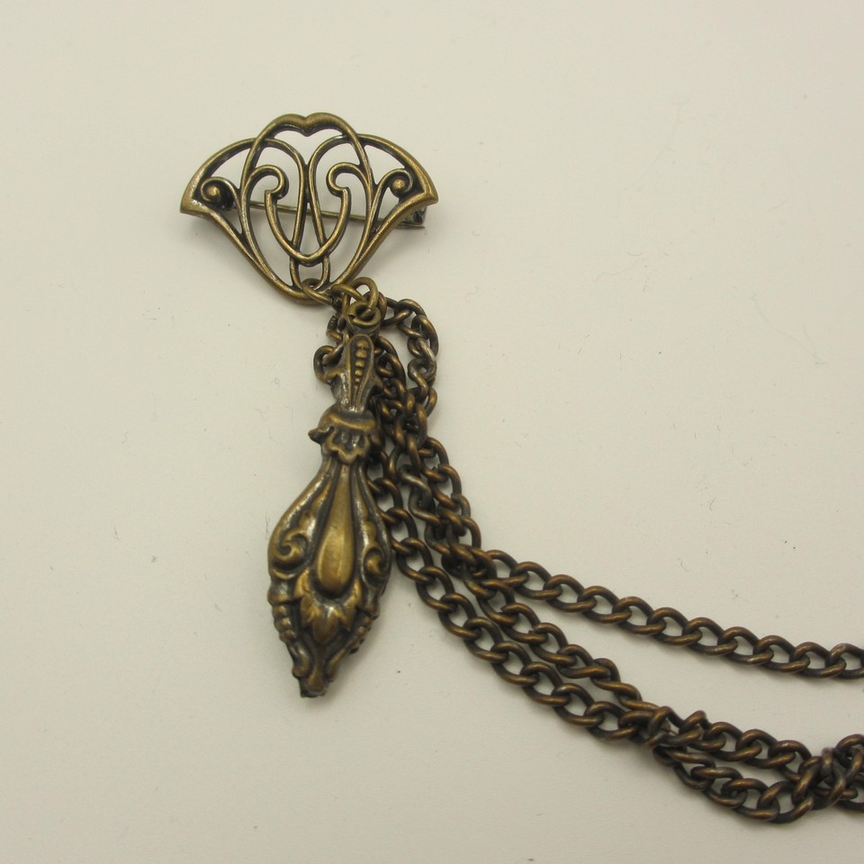 Vintage Chatelaine Brooch Victorian Revival Chains Dangles Brass Tone ...
