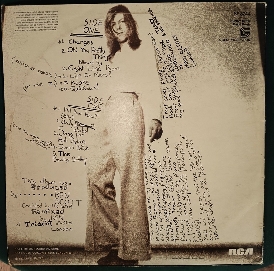 David Bowie HUNKY DORY Vinyl LP VG+/VG+ 1971 Sepia Insert 3T/3T SF 8244 | eBay UK
