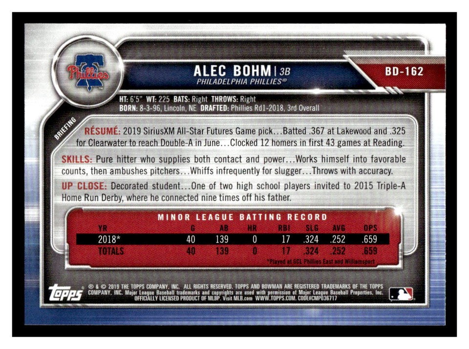 2019 Bowman Draft Alec Bohm BD-162 Philadelphia Phillies Mint | eBay
