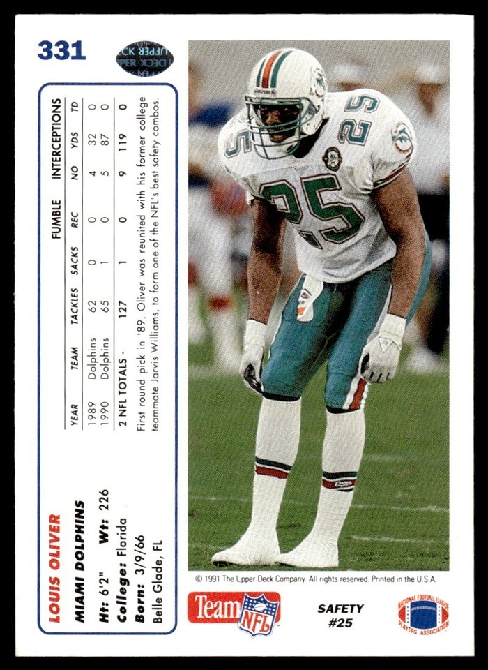 1991 Upper Deck Louis Oliver Miami Dolphins #331 | eBay