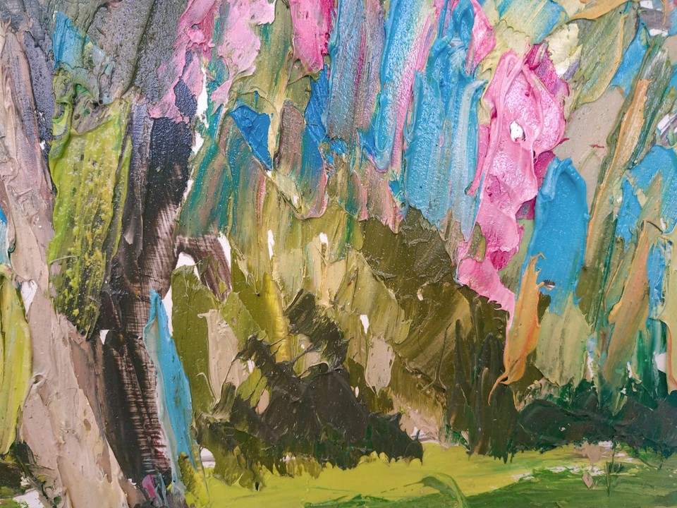 Original Landscape oil painting Abstract Park Spring Blossom Trees ...