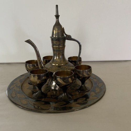 Vintage Brass Turkish Arabic Dallah Tea Set - 6 Goblet Cups, Teapot ...