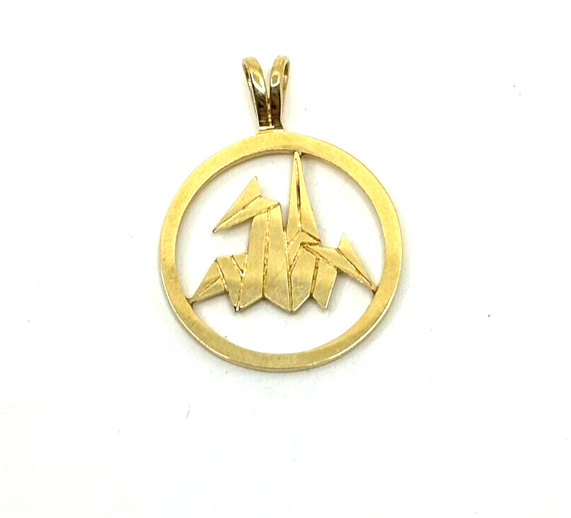 14K Solid Yellow Gold Origami Crane Medallion Pendant… - Gem