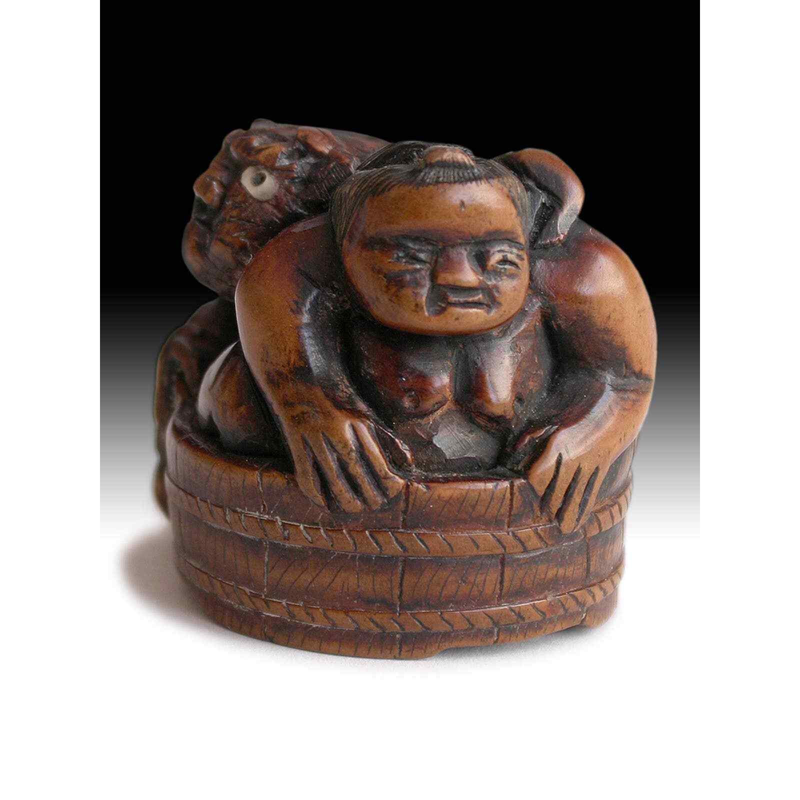 Antique Japanese Carved Oni Bathing Okame Wood Netsuke Signed Hidemasa ...