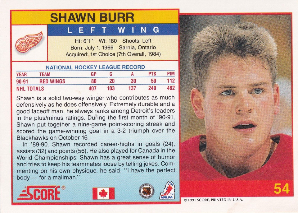1991-92 Score #54 Shawn Burr- Detroit Red Wings + (Yes 4 Free Mystery ...
