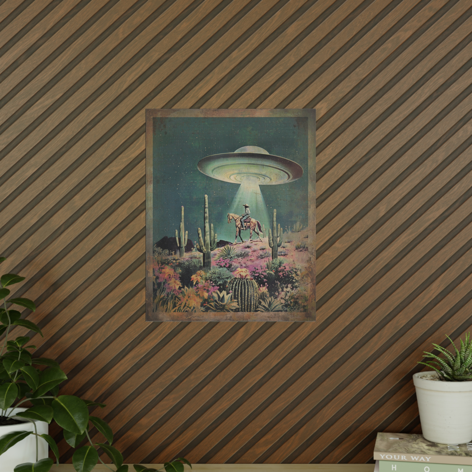 Vintage UFO COWBOY Wall Art, Sci-fi Alien Western Decor, UAP Cactus ...