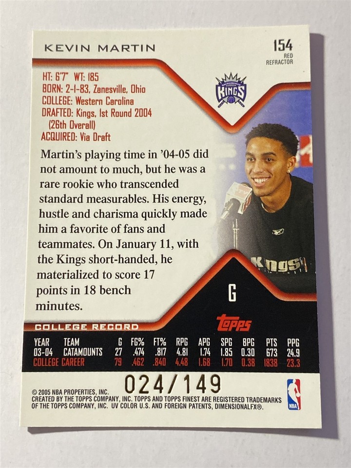 KEVIN MARTIN kings 2004-05 Topps Finest #154 RC RED Refractor 24/149 ...