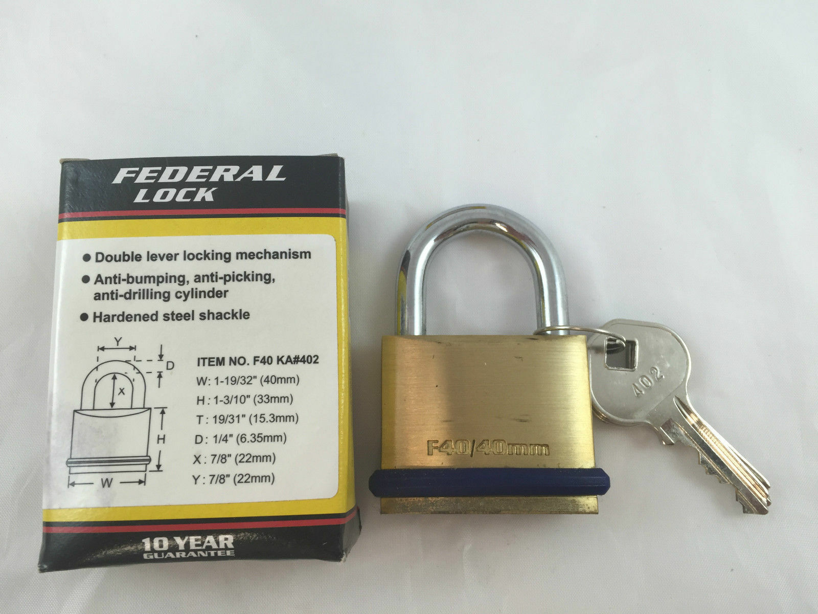 Federal Lock F-Series F40 402 Solid Brass Security Padlock includes 2 ...