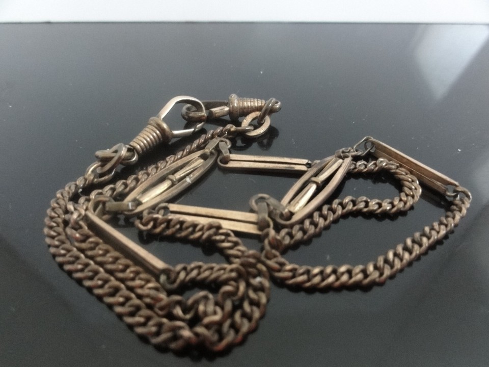 Antique Rolled Gold Long Pocket Watch Chain AM DOUBLE BT Signed 2 ...