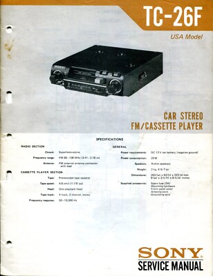 Sony Model TC-26F Car Stereo FM/ Cassette Player Service Manual | eBay