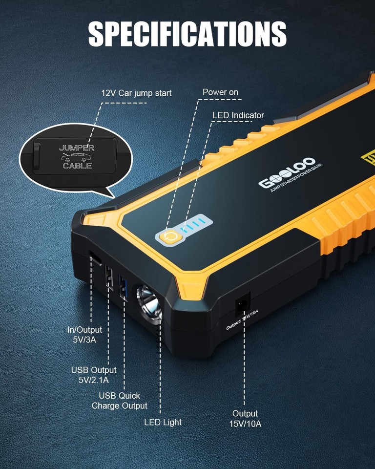 GOOLOO 3000A Peak Car Jump Starter 12V SuperSafe Battery Booster ...