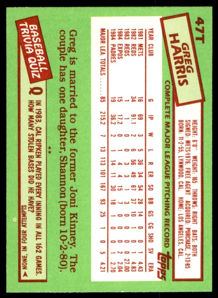 1985 Topps Traded. Greg Harris . Texas Rangers #47T | eBay