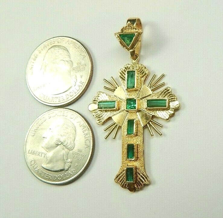 Colombian Emerald Cross Pendant 3.00 Cts 18K Yellow Gold Antique Style ...