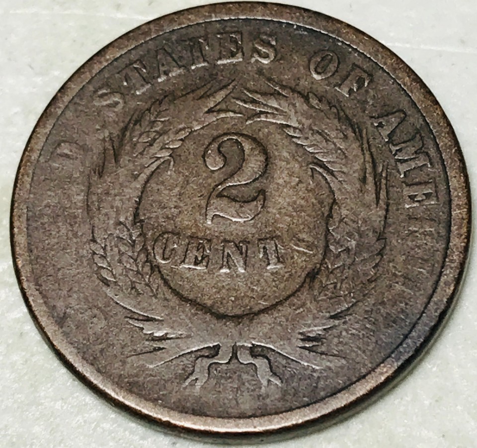 1865 Two Cent Piece 2C Ungraded Civil War Date US Copper Coin CC26927 ...