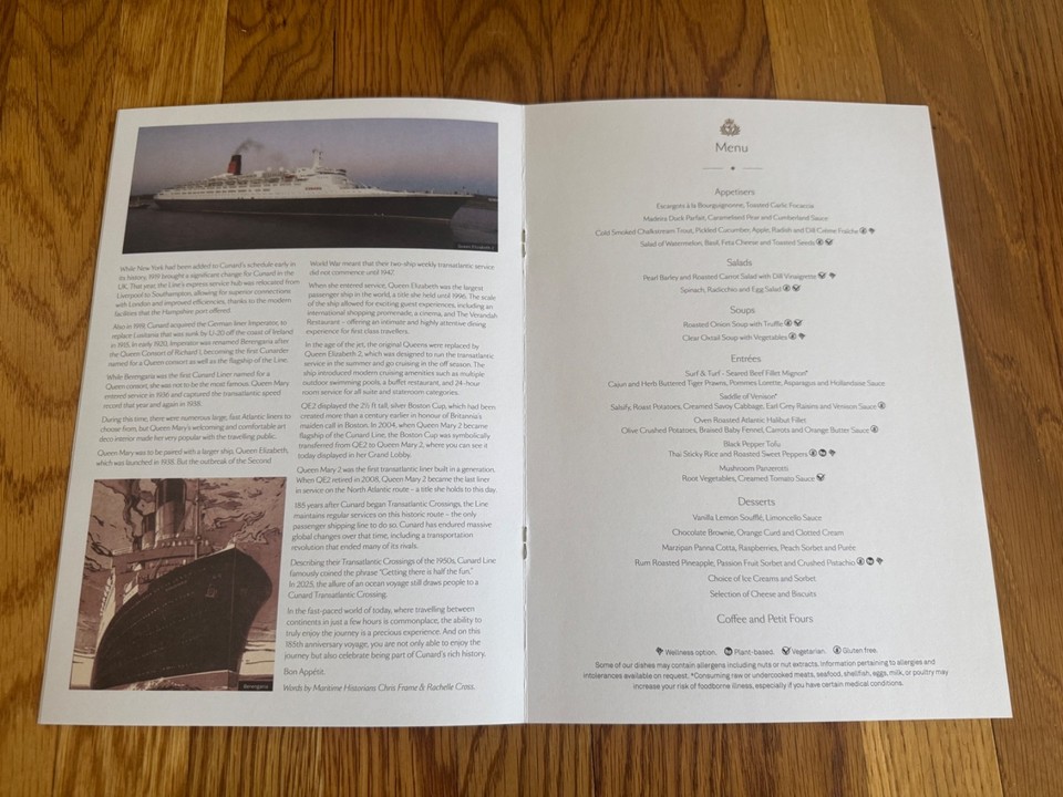 Cunard 185th Anniversary Menu / Queen Mary 2 / QM2 / July, 2025 | eBay