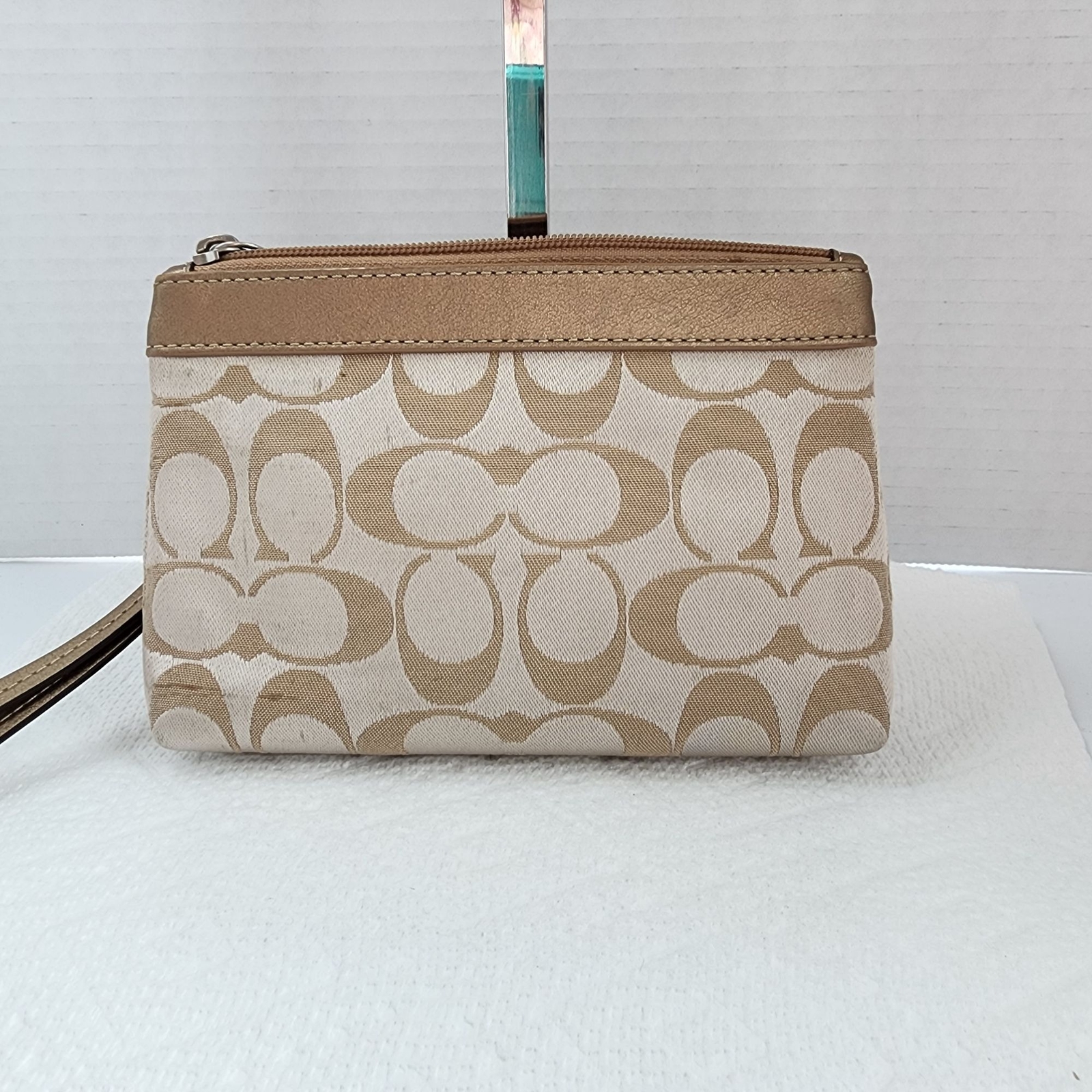 Coach Wristlet Signature Gold Beige Fabric & Leather Handbag Blue Satin ...