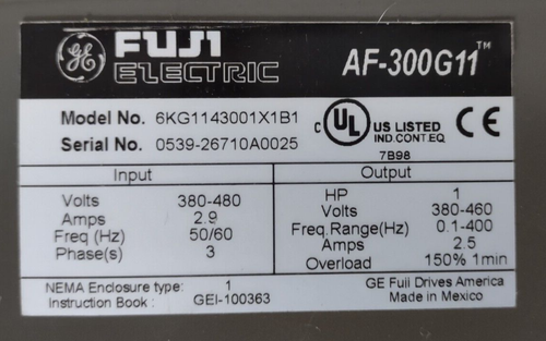 Fuji Electric 6KG1143001X1B1 AF-300 G11 VFD Motor Drive 1HP 380V 2.5A ...