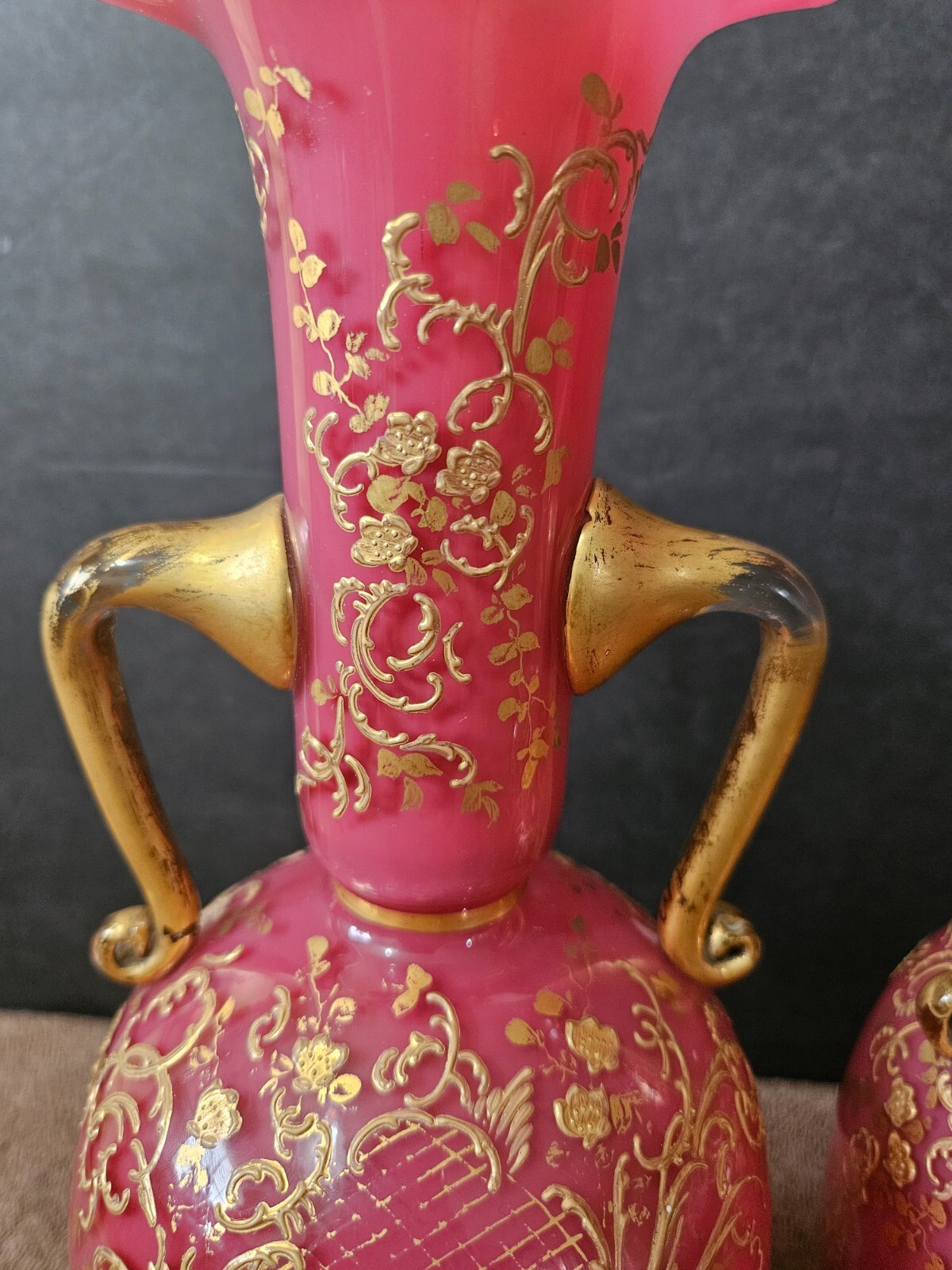 3 ANTIQUE LOETZ ART GLASS GOLD RELIEF PINK VASES DEK 1/4 MOST RARE ...