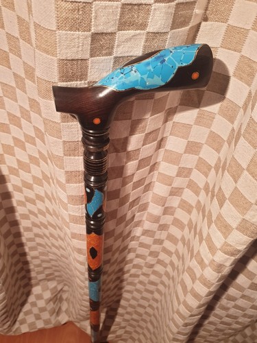 Handcrafted Ebony Wood Stick Cane, Turquoise and Amber Inlaid, 36" Wood ...