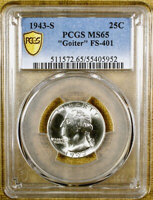 1943-S PCGS MS65 FS-401 Goiter Washington Quarter - 100% Blazing White ...