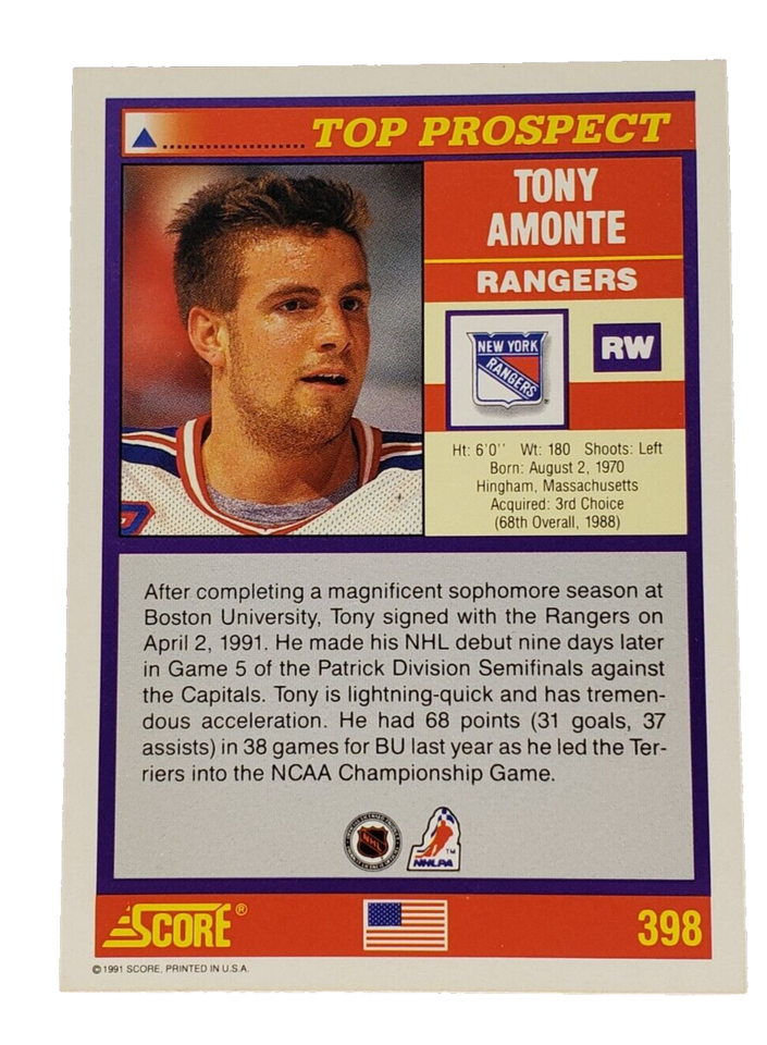 1991-92 Score Hockey Top Prospect Tony Amonte RC #398 New York Rangers ...