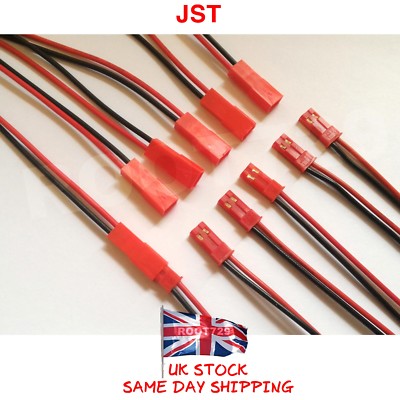 JST Connector Pair Plug + Socket 2pin Battery leads Red + Black Wire ...